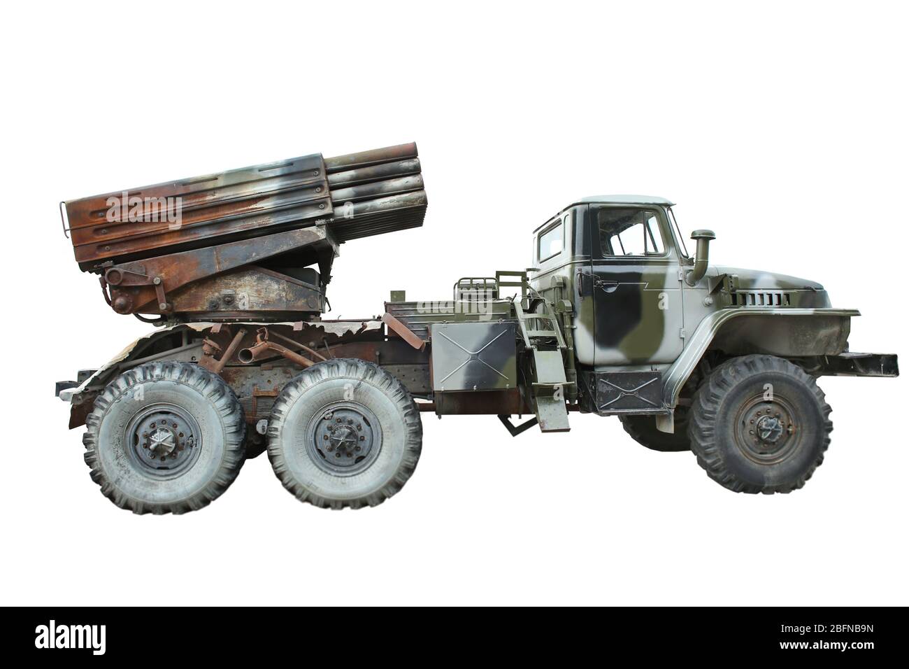 Multiple launch rocket system on white background Stock Photo - Alamy