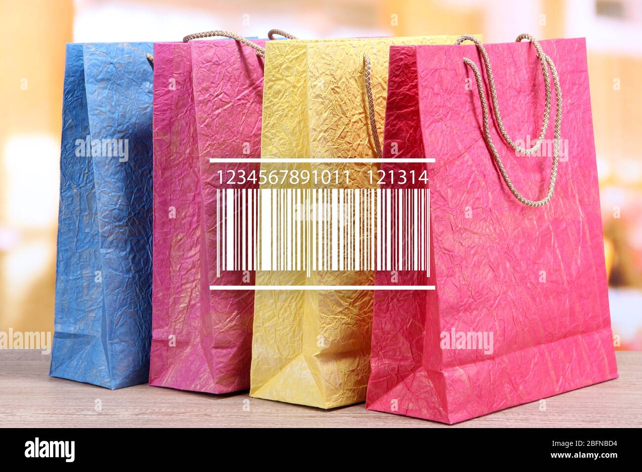 Barcode on shopping bags background. Wholesale and retail concept Stock ...