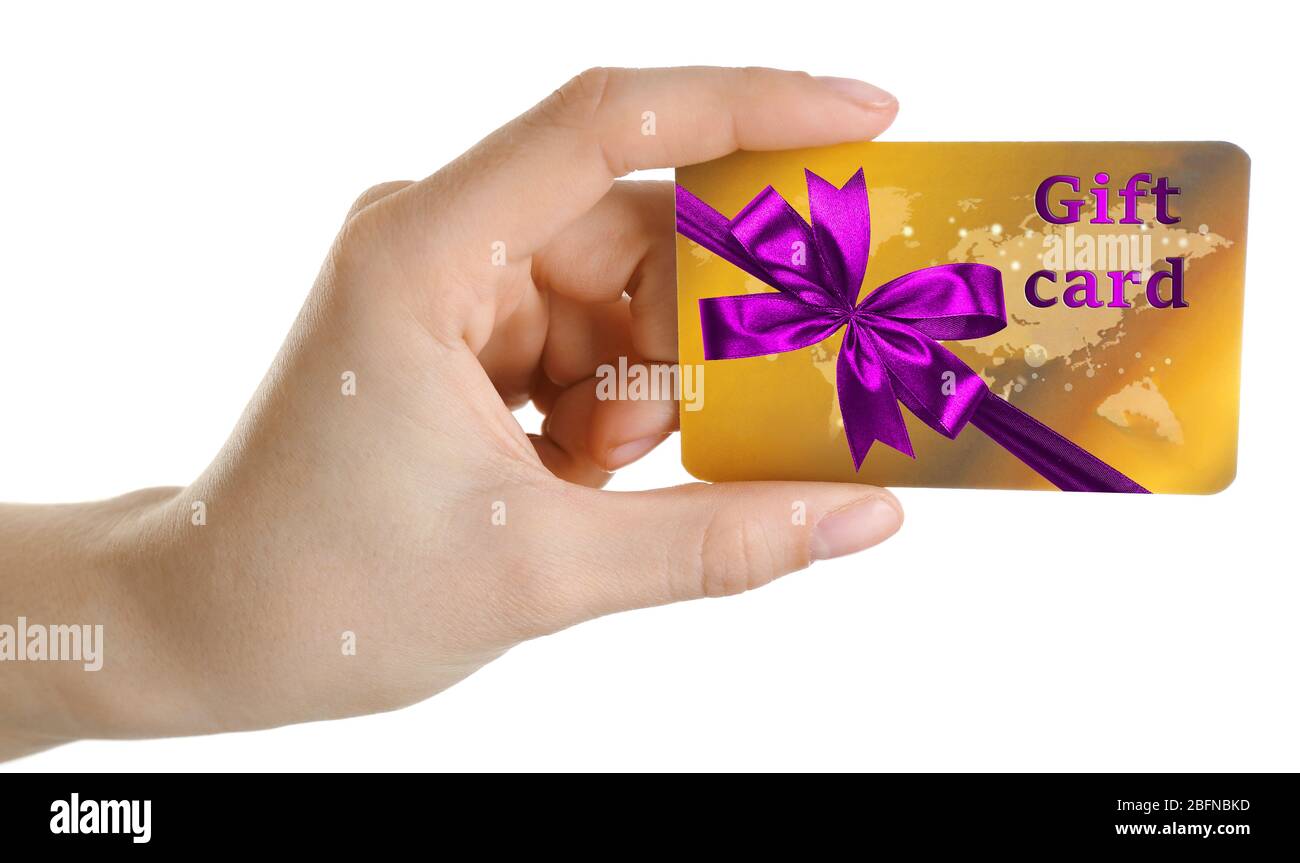 Female hand with gift card on white background. Holiday celebration ...