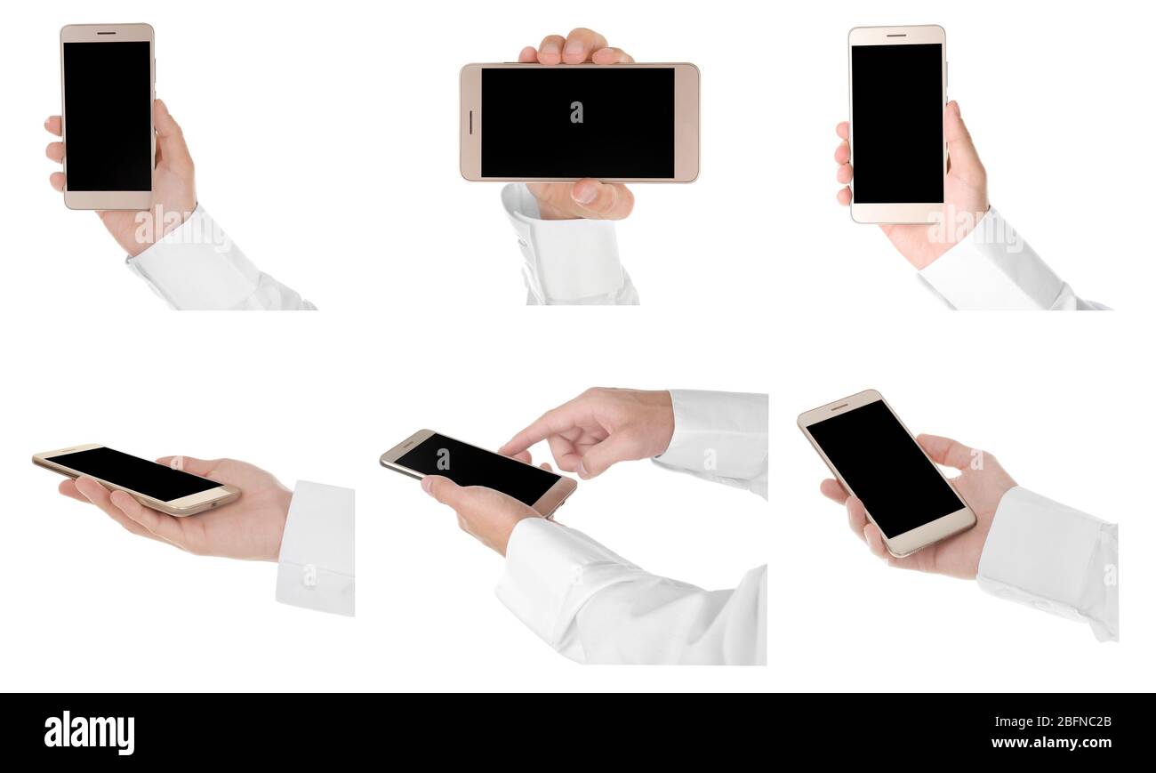 Collage of hands with modern smartphone on white background Stock Photo ...