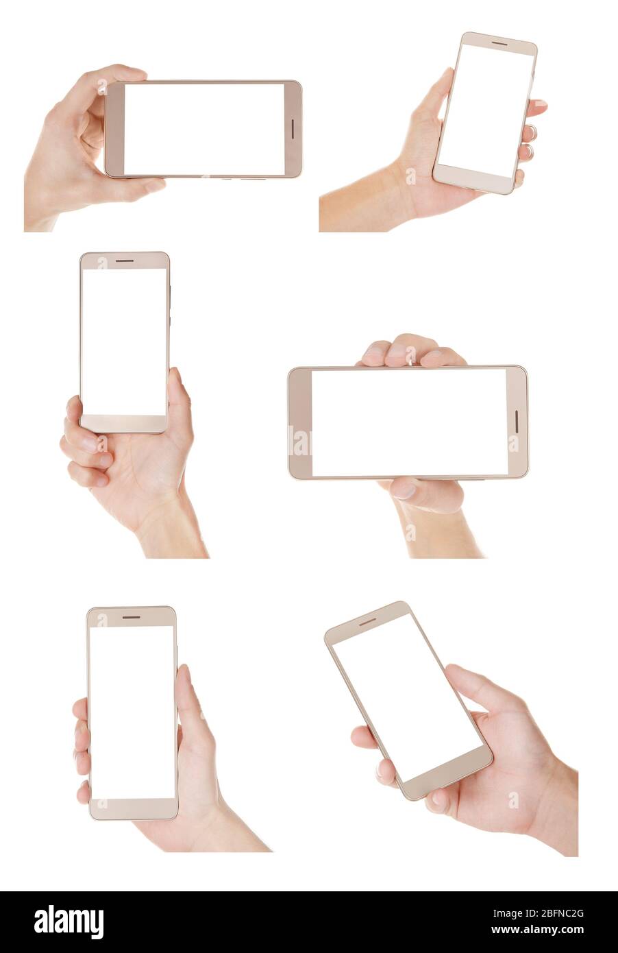 Collage of hands with modern smartphone on white background Stock Photo ...
