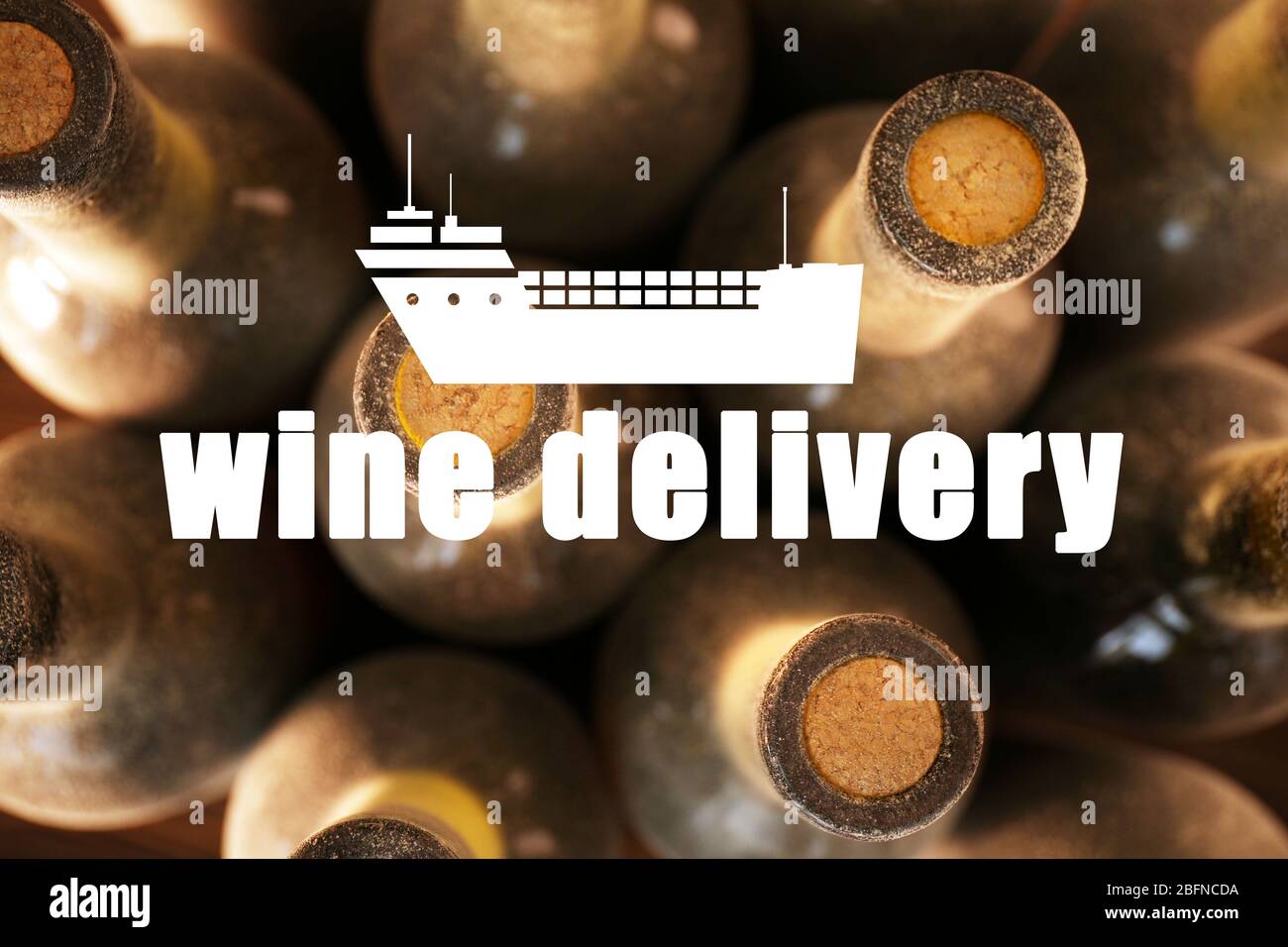 Text WINE DELIVERY and ship icon on wine bottles background Stock Photo ...