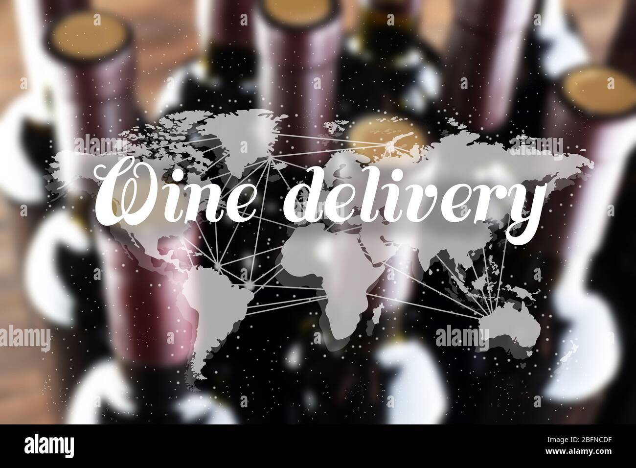 Text WINE DELIVERY and world map on blurred wine bottles background ...