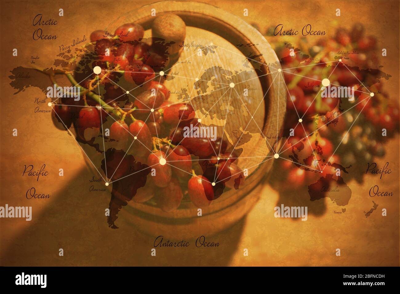 Wine barrel and grape, closeup. World map on background Stock Photo - Alamy