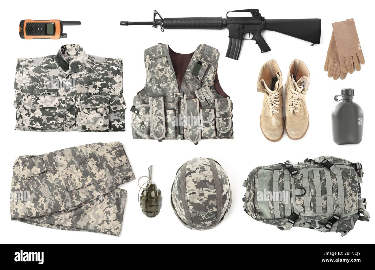 Military boots rifle helmet Cut Out Stock Images & Pictures - Alamy