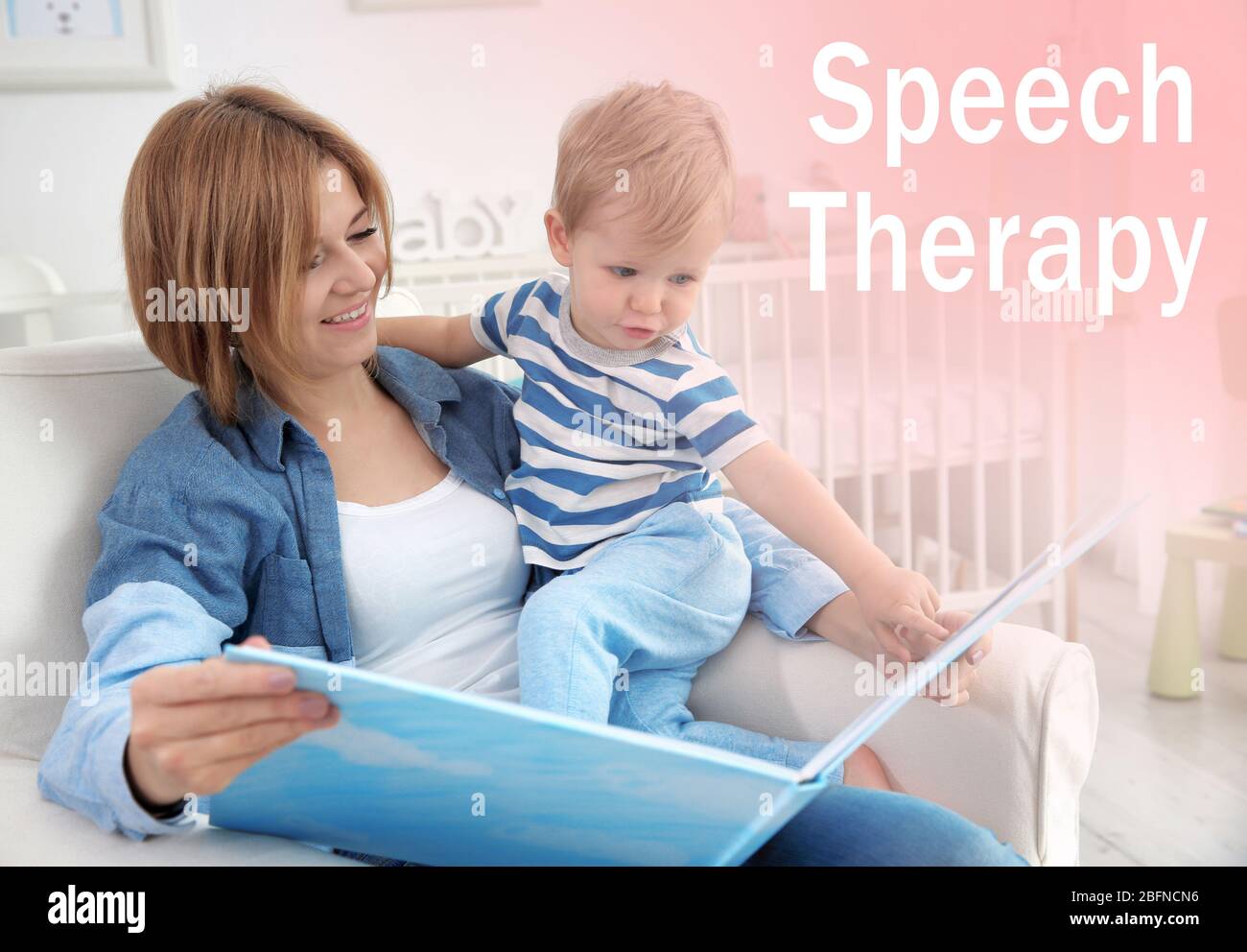 Mother reading book with son at home. Text SPEECH THERAPY on background ...
