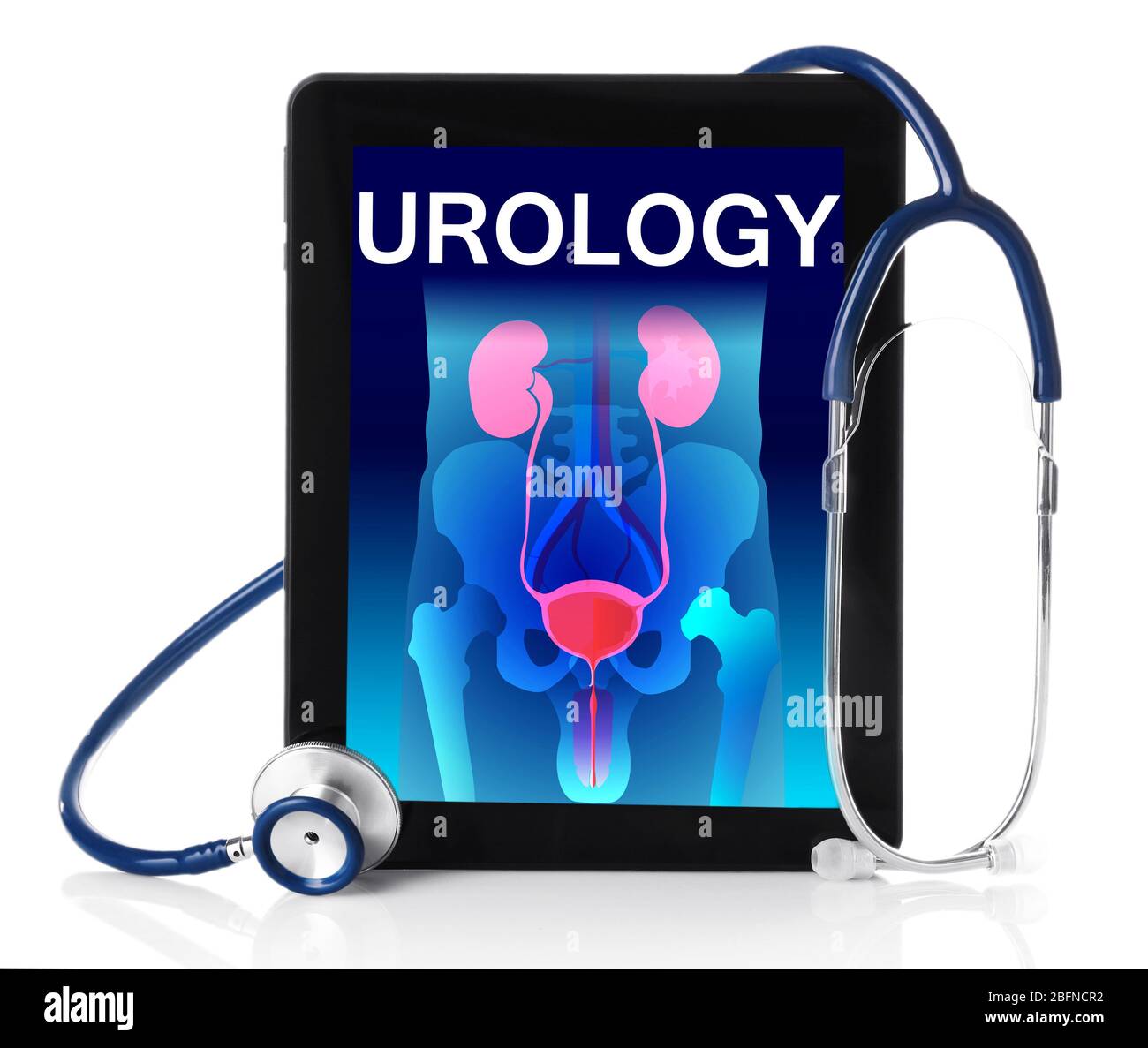Tablet and stethoscope on white background. Urinary system and word ...