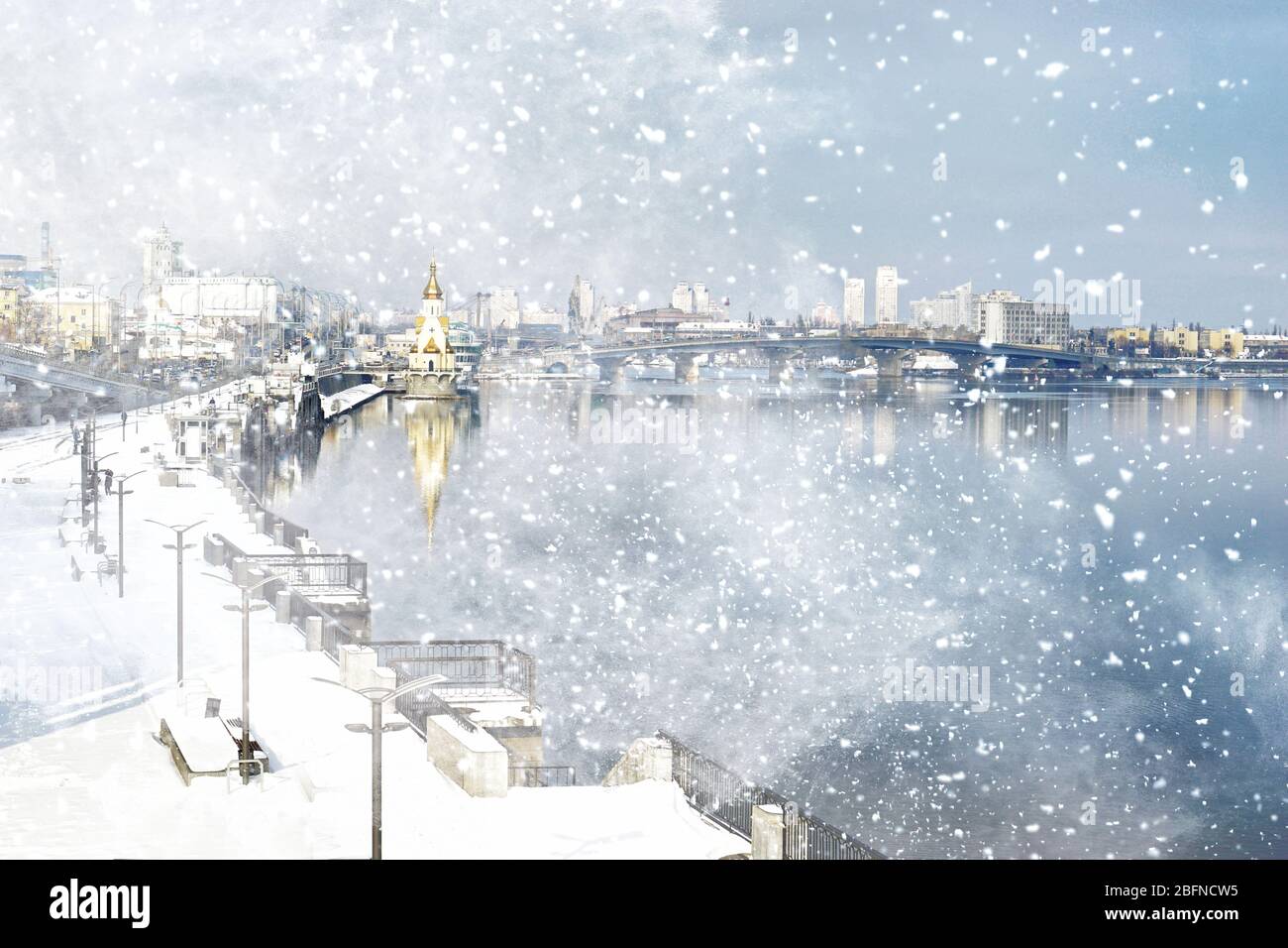 Cityscape during snow storm Stock Photo - Alamy