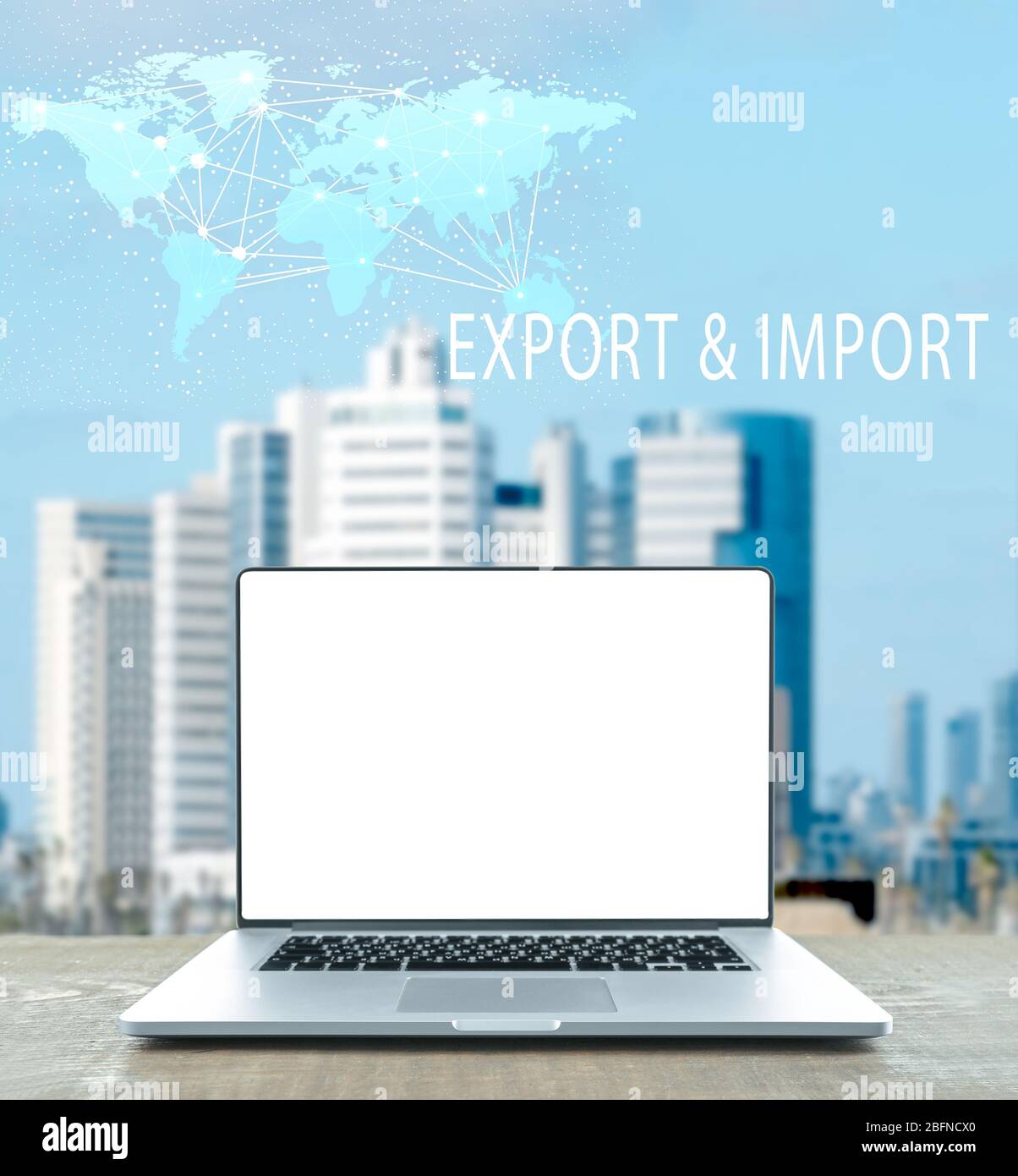 Laptop with blank screen on table. World map and text IMPORT and EXPORT ...