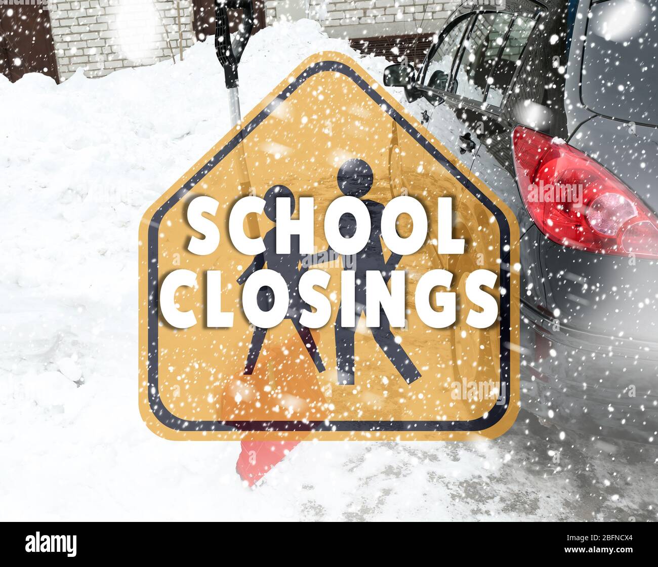 Text SCHOOL CLOSINGS and road sign on car background Stock Photo - Alamy