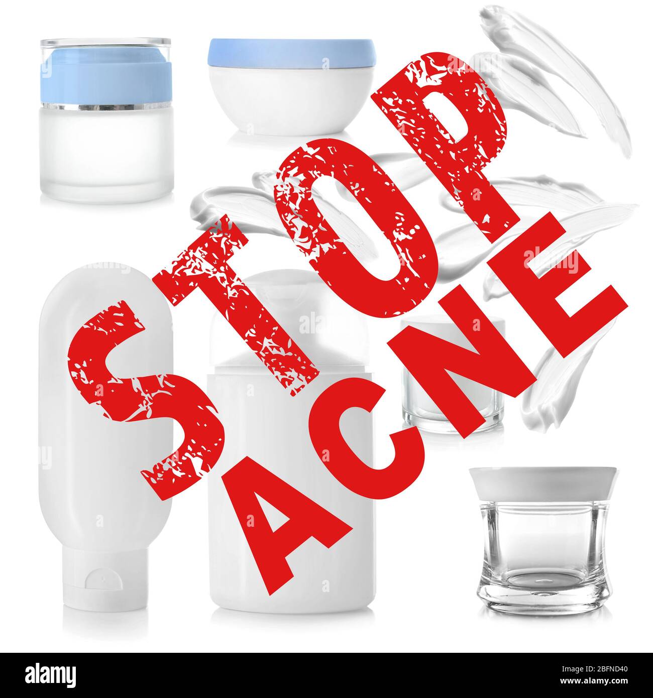 Products for facial treatment and text STOP ACNE on white background ...