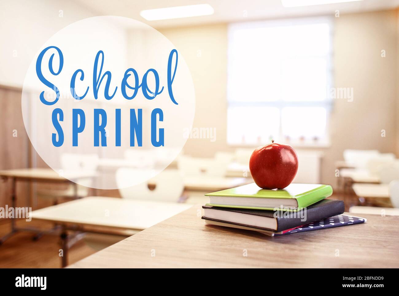 Text SCHOOL SPRING on classroom background. Additional education ...
