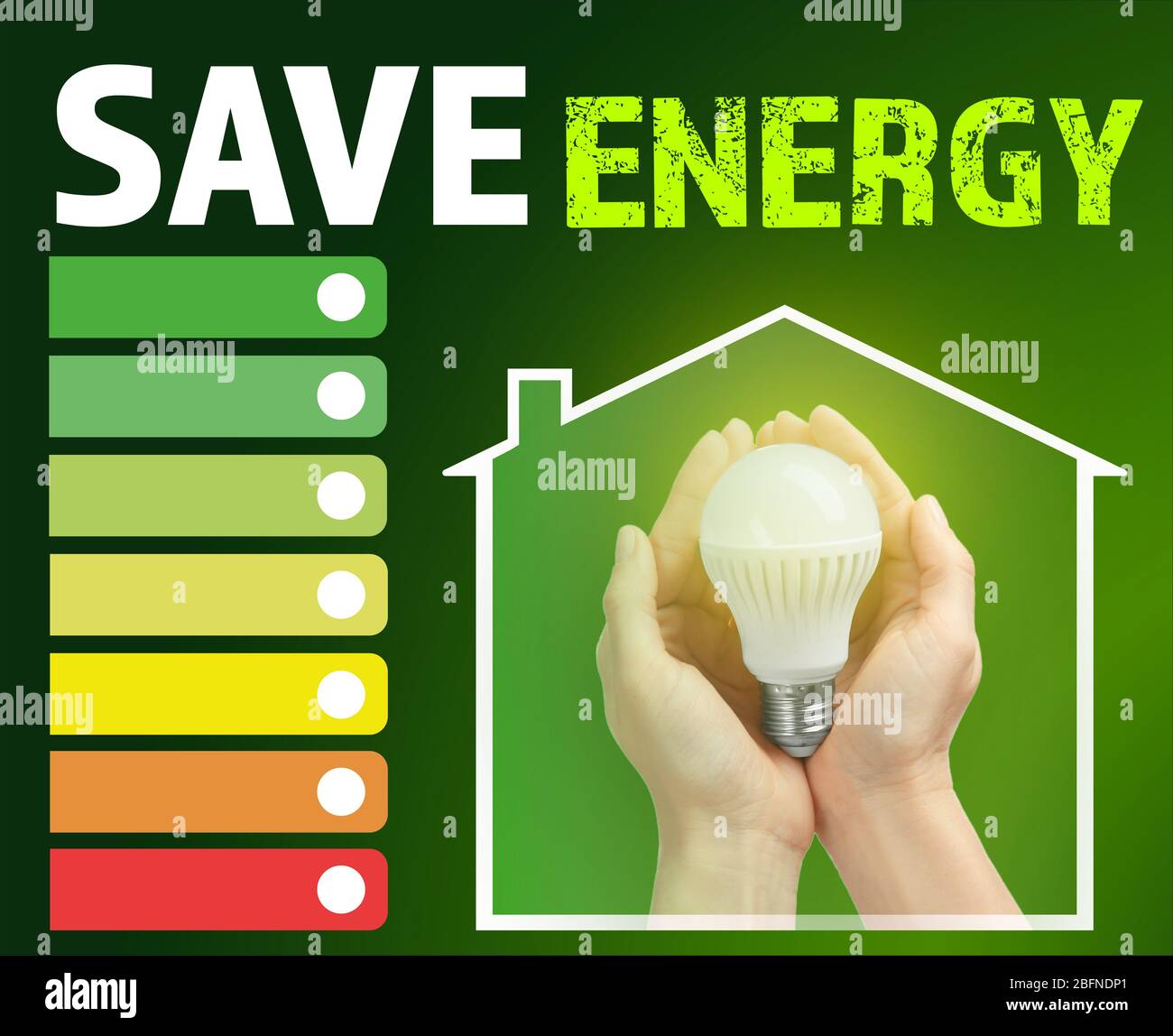 Female hands holding light bulb. Text SAVE ENERGY on green background ...