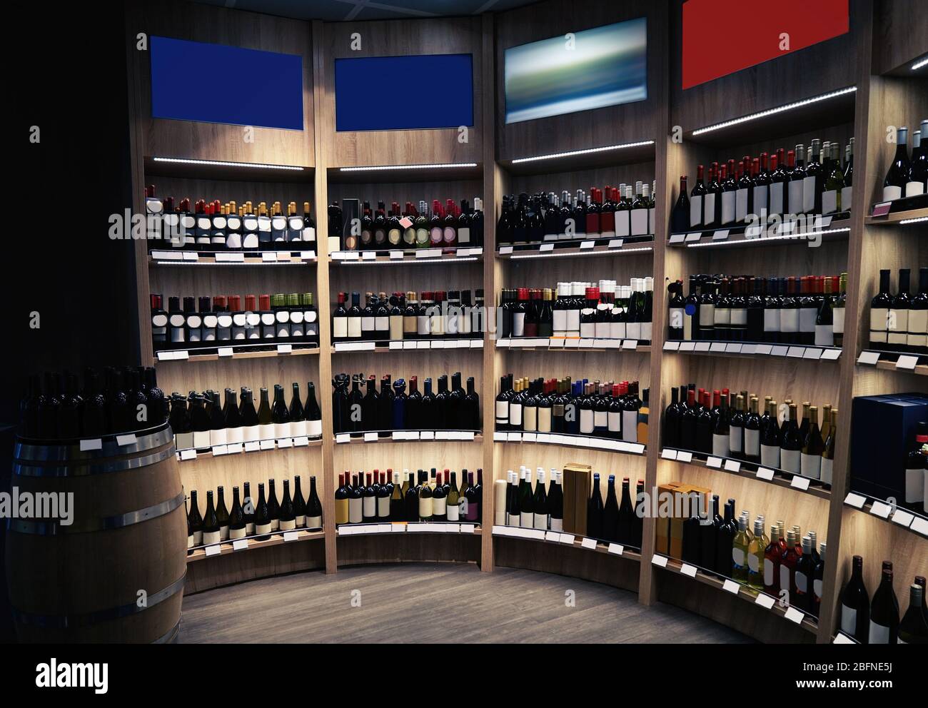 Wine bottles on wooden shelves at liquor store Stock Photo - Alamy