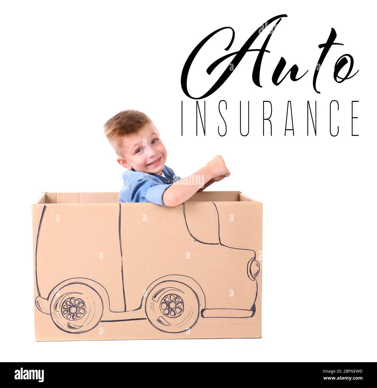 Car insurance concept. Little boy playing with cardboard box, white ...