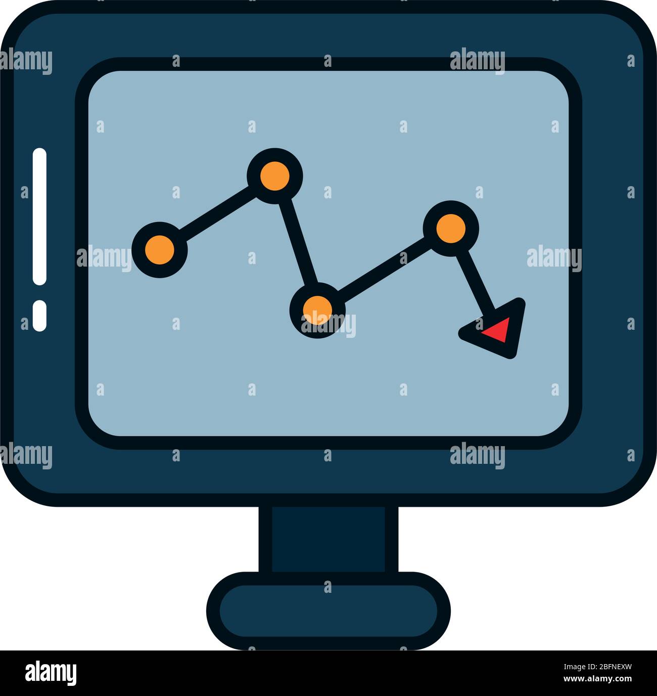 computer with descending financial arrow down icon over white ...