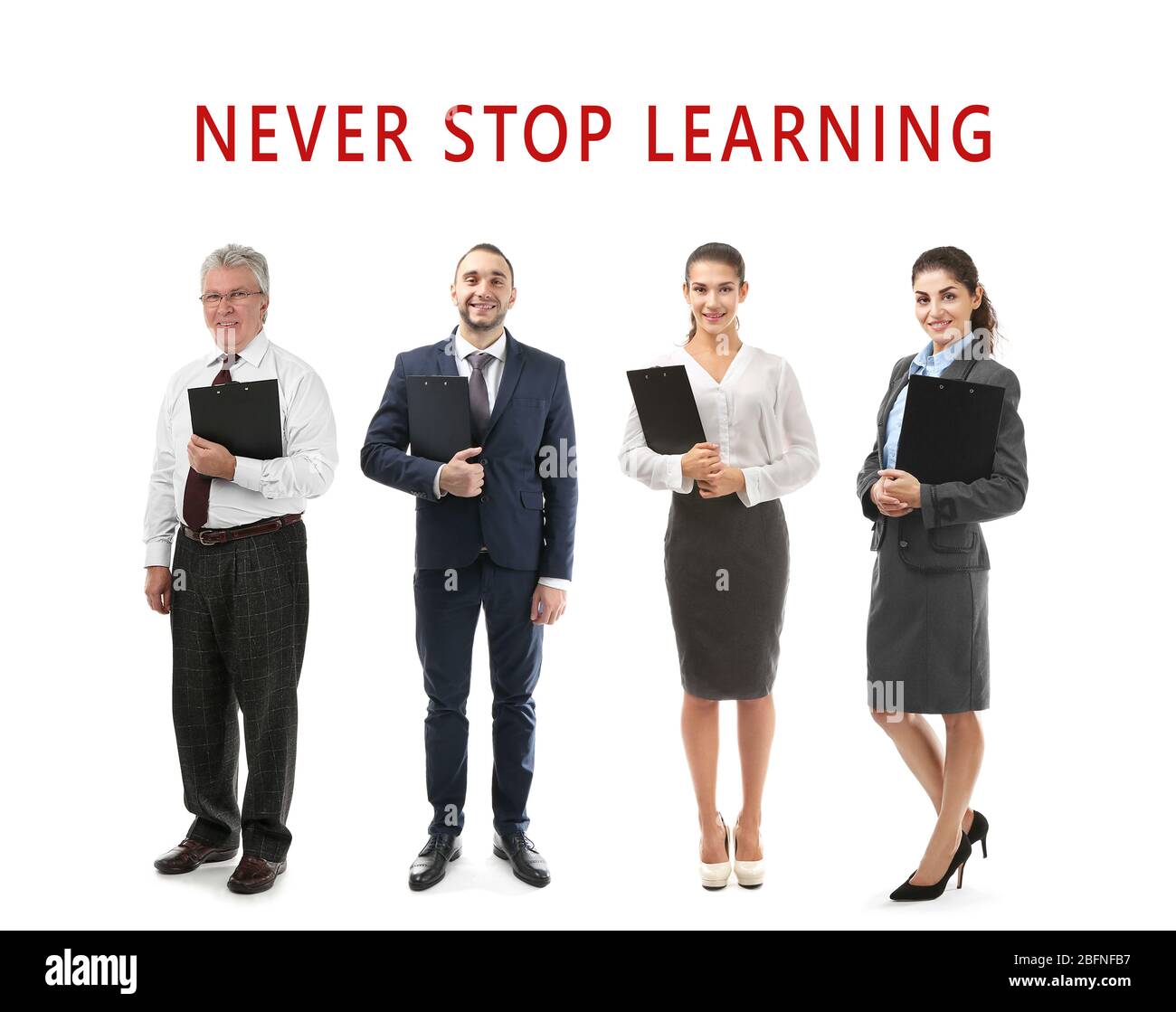 Collage of business people on white background. Text NEVER STOP ...