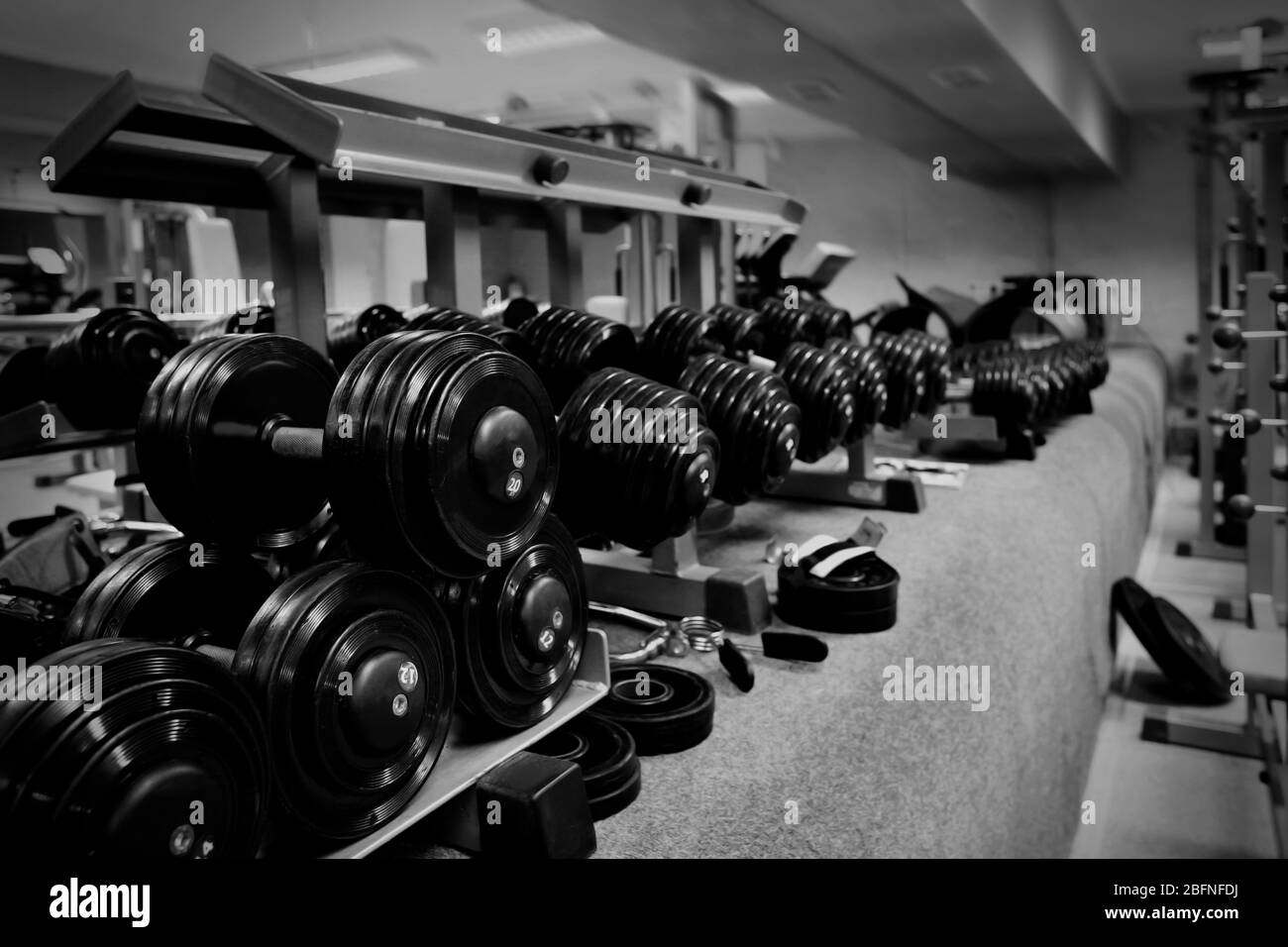 Modern equipment in gym. Black and white photo Stock Photo - Alamy