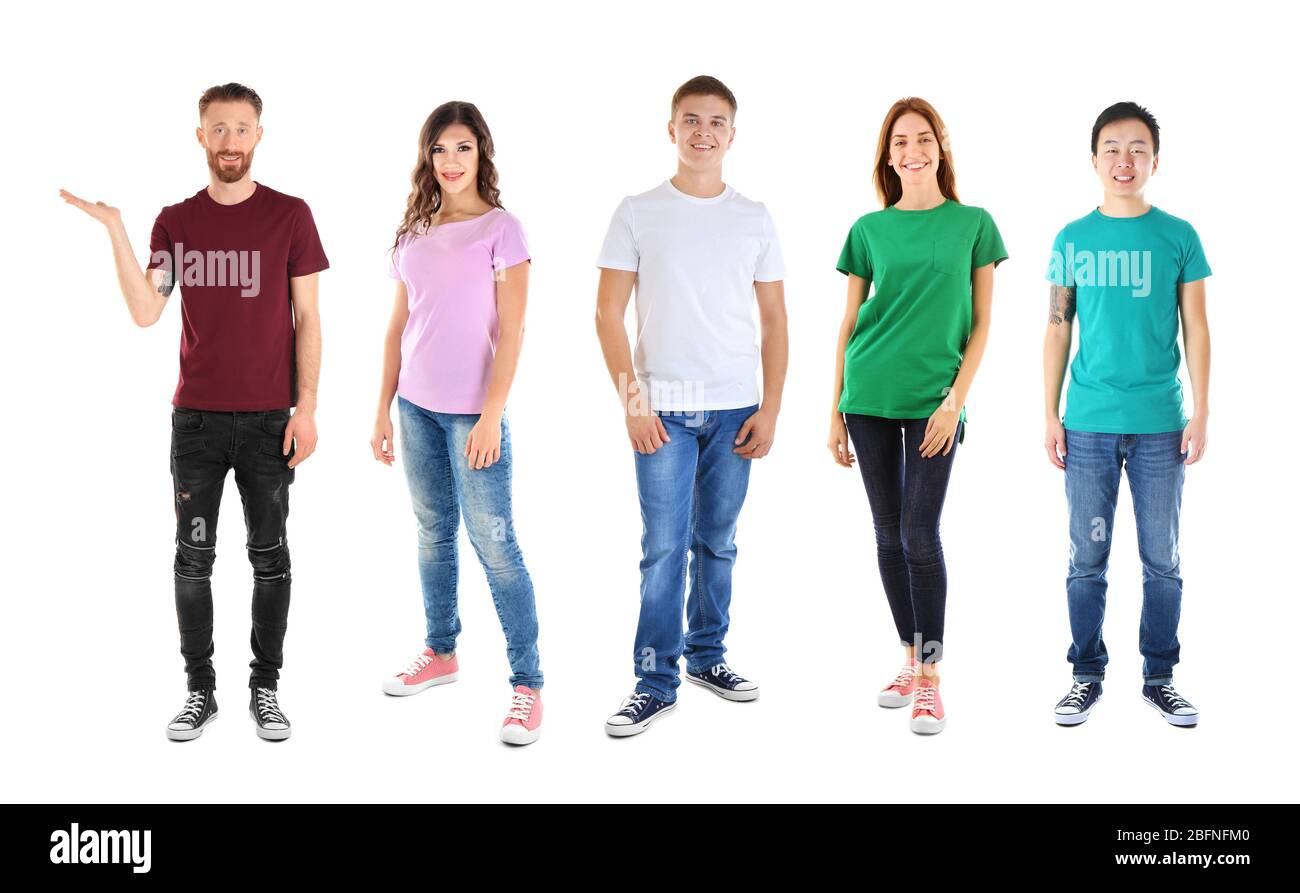 Young people wearing different t-shirts on white background Stock Photo ...