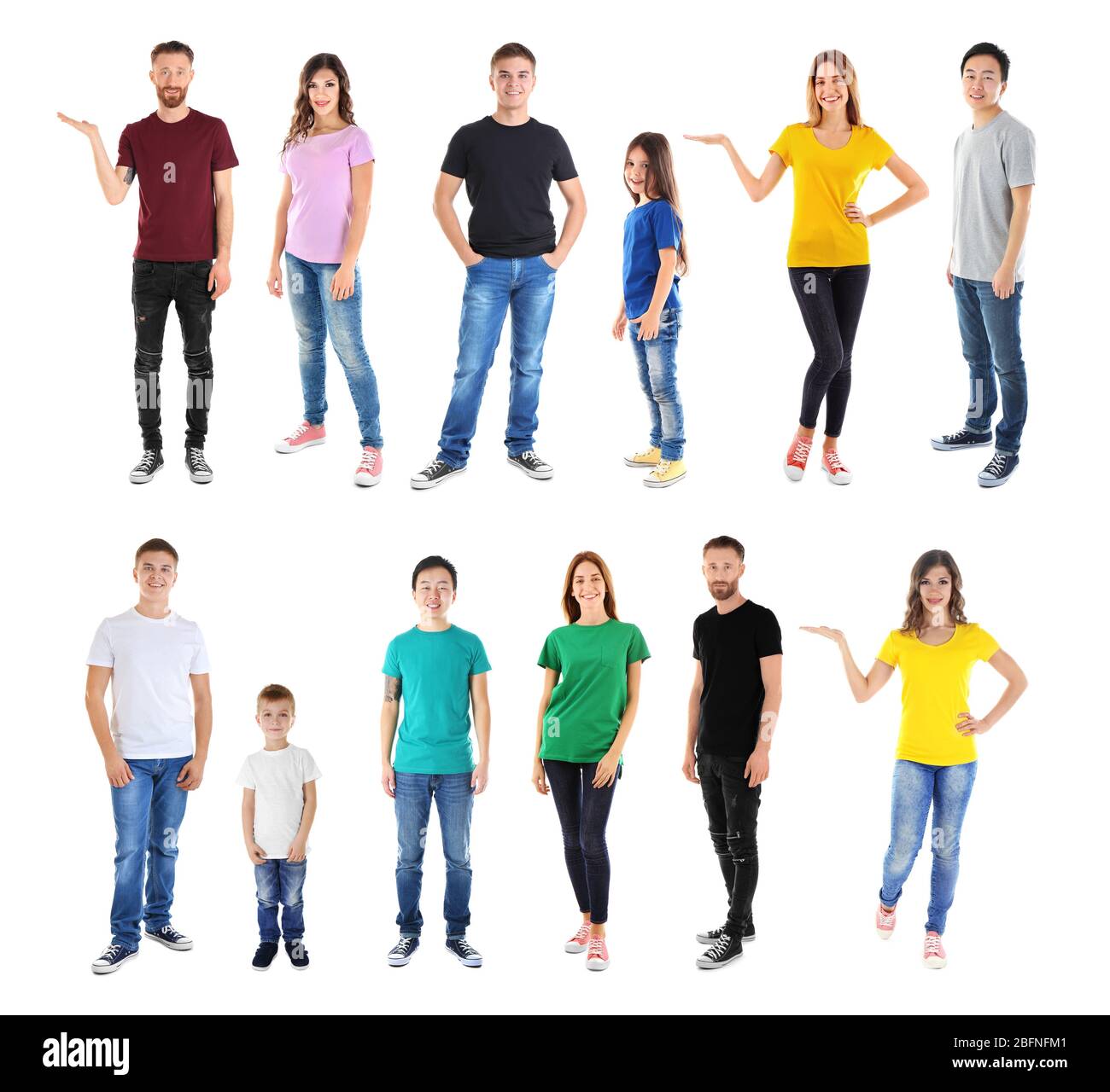 Young people wearing different t-shirts on white background Stock Photo ...