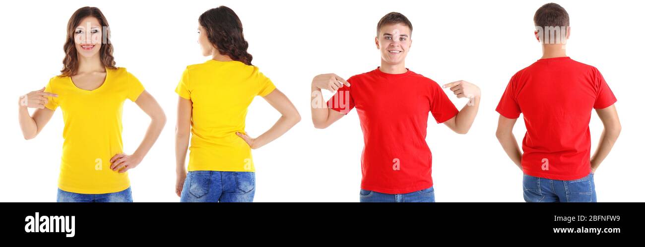 Different views of young people wearing t-shirts on white background ...