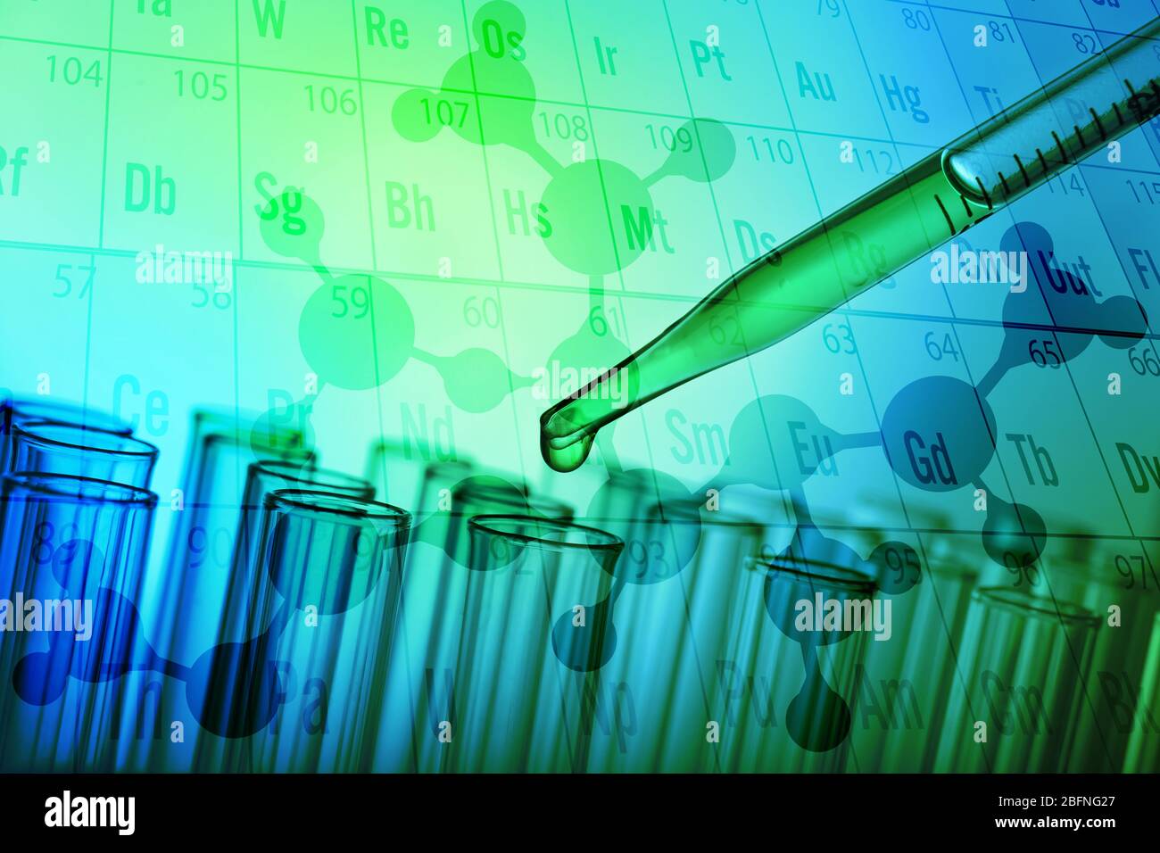 Health care concept. Pipette with fluid and test tubes, color tone ...