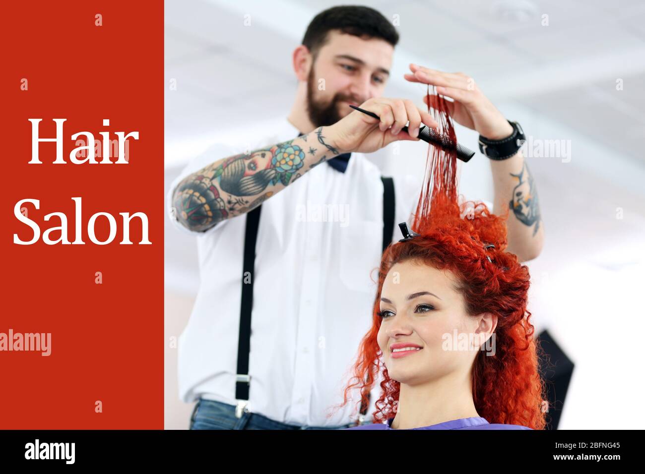 Text HAIR SALON on background. Hairdresser working with client at ...