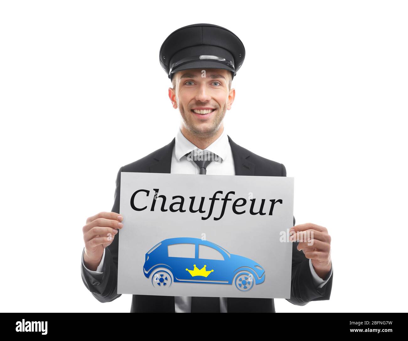 Young man standing with banner CHAUFFEUR on white background Stock ...