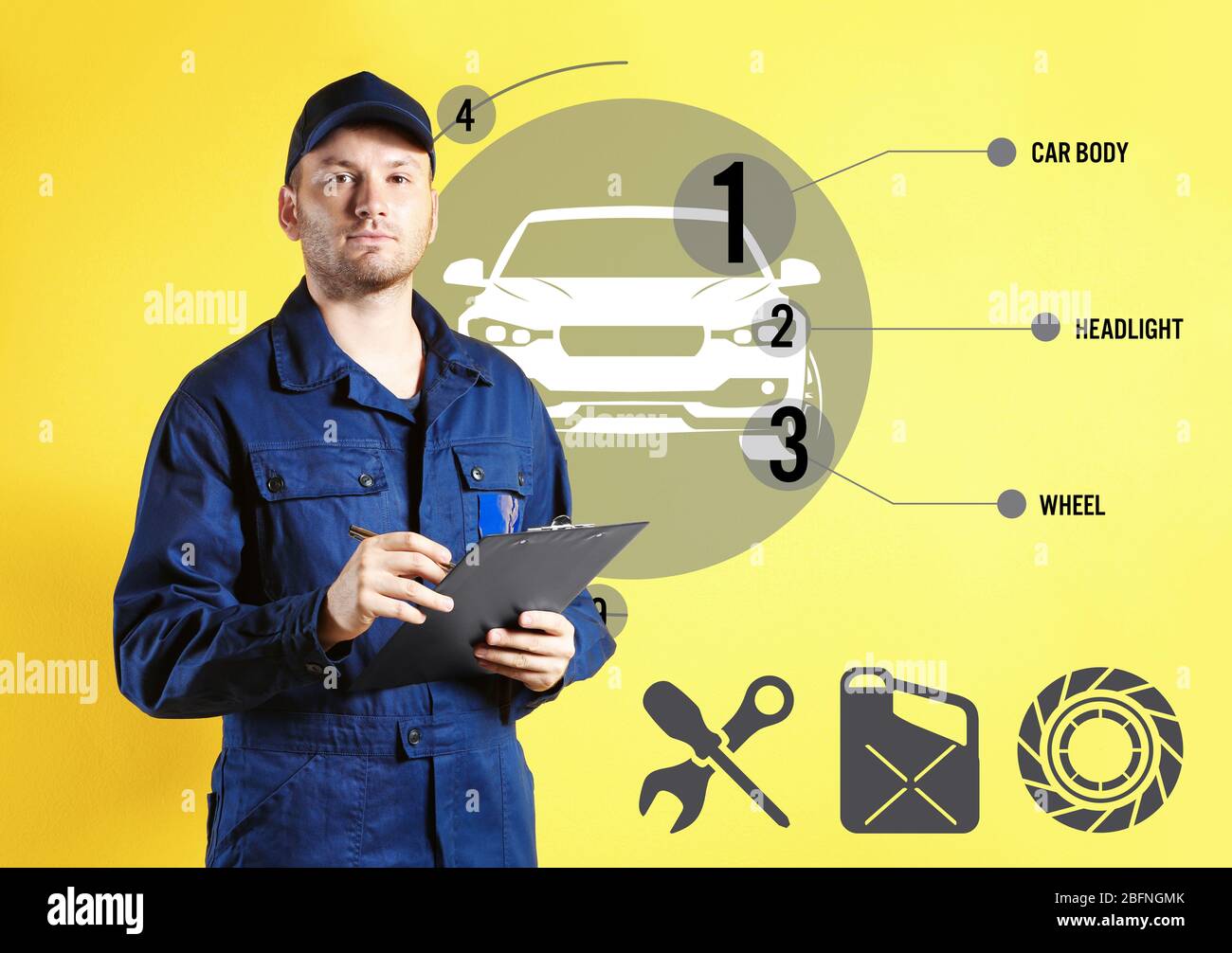 Car service concept. Young man with clipboard on yellow background ...