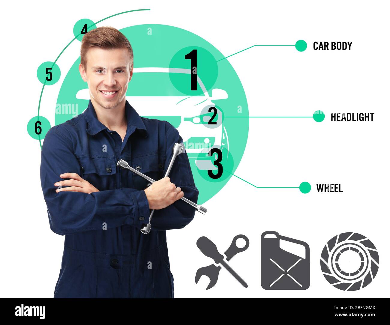 Car service concept. Young man with equipment on white background Stock ...