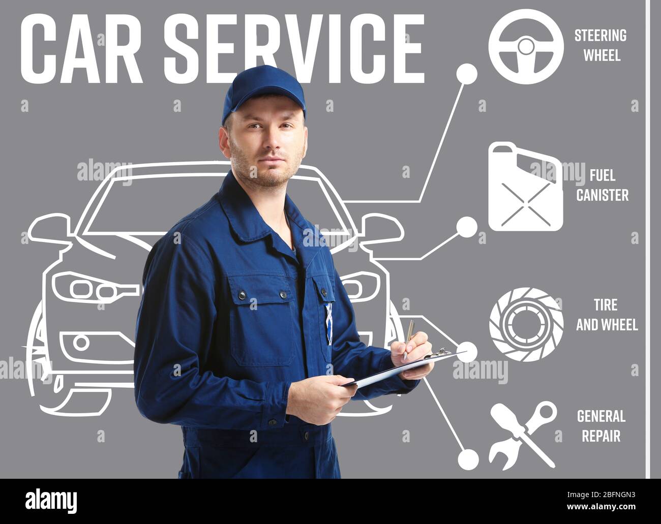 Car service concept. Young man with clipboard on gray background Stock ...