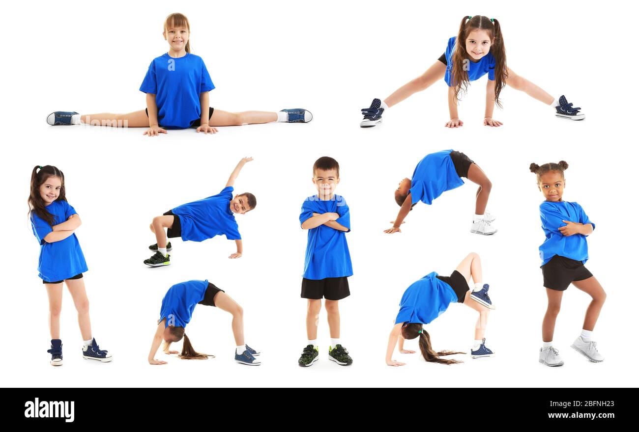 Collage of cute children dancing on white background Stock Photo - Alamy
