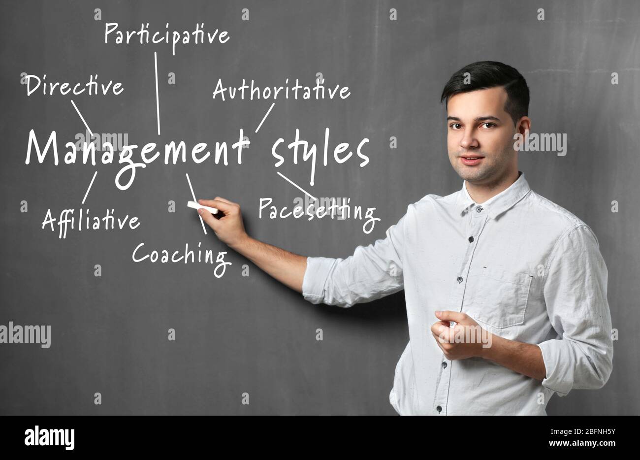 Management styles concept. Young man with piece of chalk on gray ...