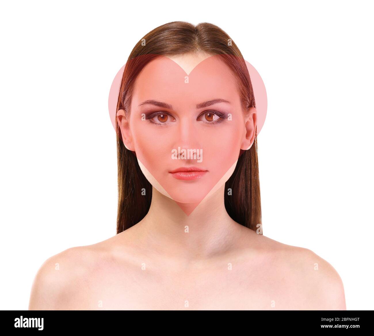 Beautiful woman with heart shaped face on white background Stock Photo ...