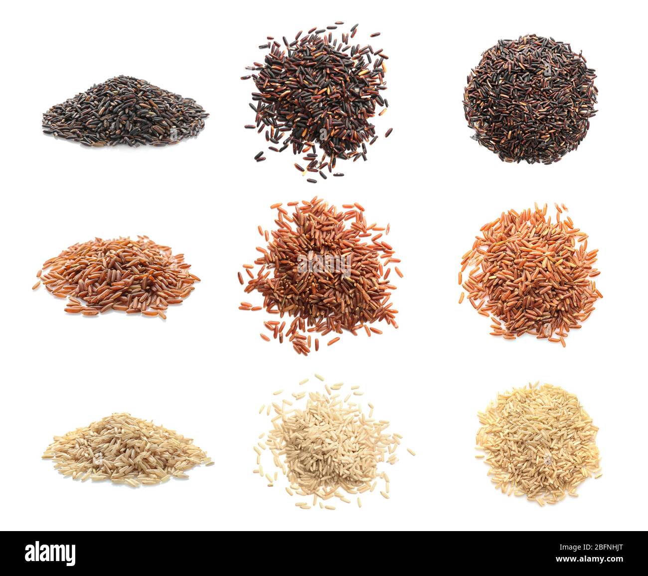 Different kinds of rice on white background Stock Photo - Alamy