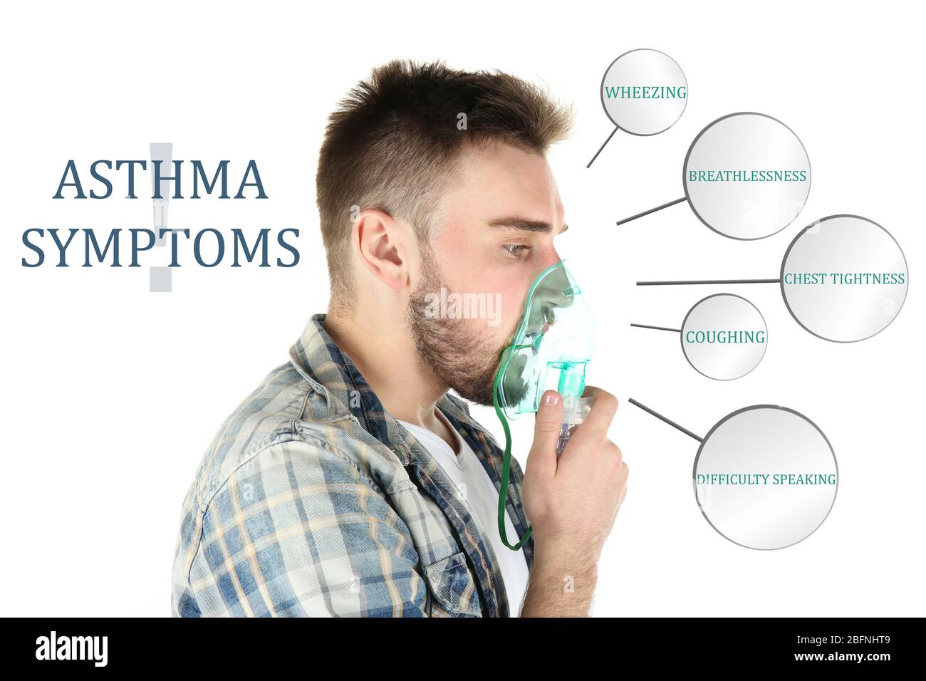 Man with asthma machine and list of symptoms on white background Stock ...