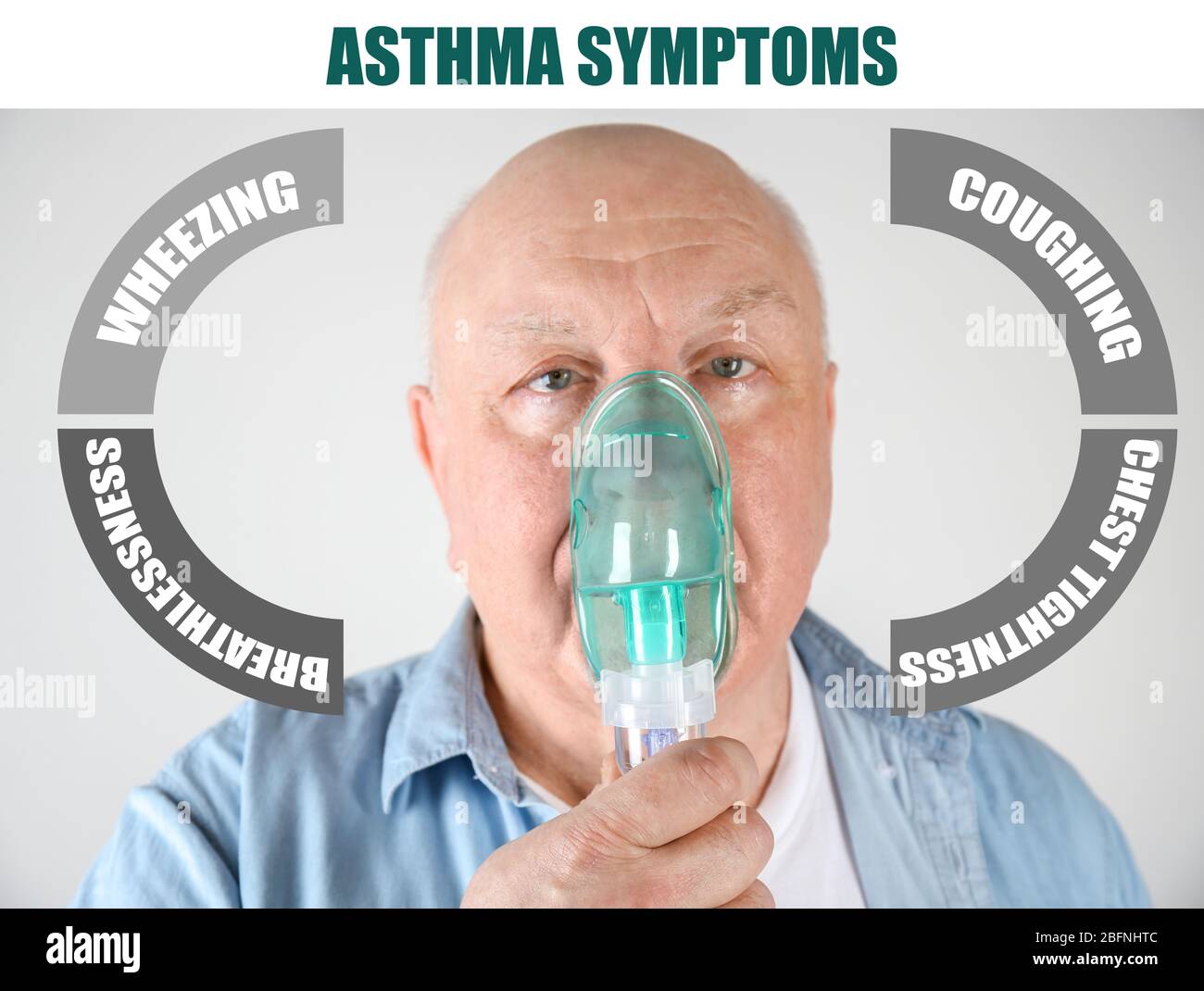 Senior man with asthma machine and list of symptoms on grey background ...