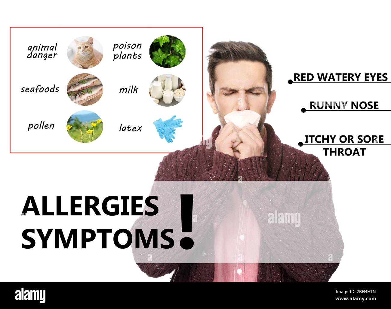 Sick man and list of allergies symptoms and causes on white background ...