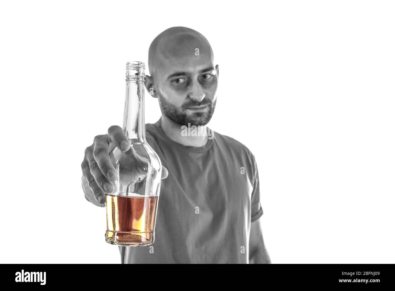 Drunk man with bottle of alcohol drink on white background Stock Photo ...