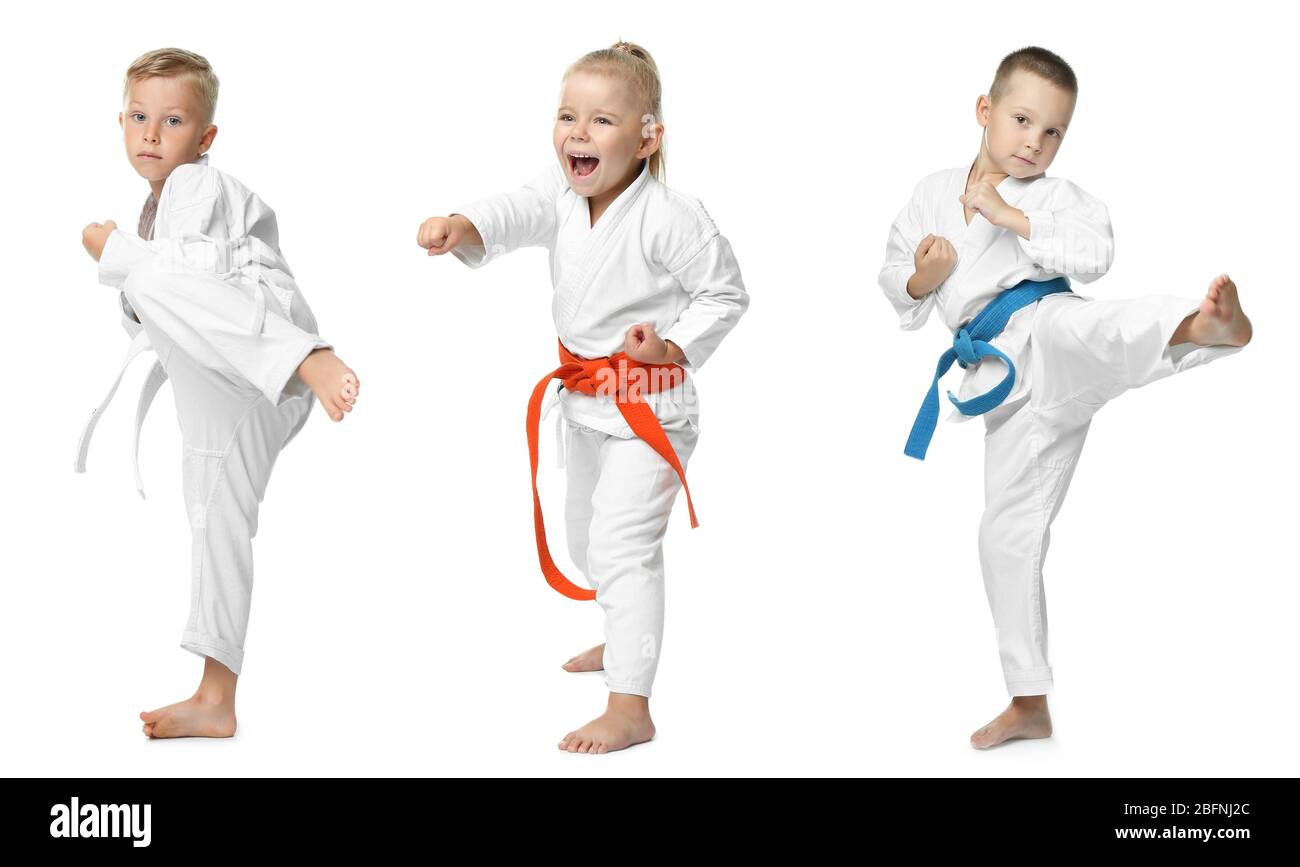 Collage with little children practising karate on white background ...