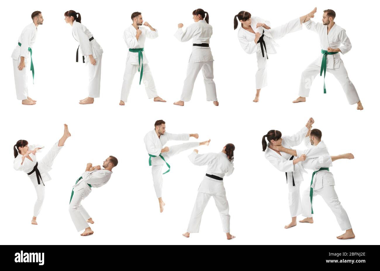 Collage with young people practising karate on white background Stock ...