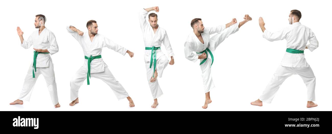 Collage with young man practising karate on white background Stock ...