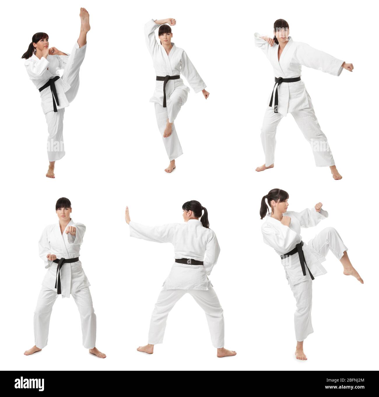 Collage with young woman practising karate on white background Stock ...