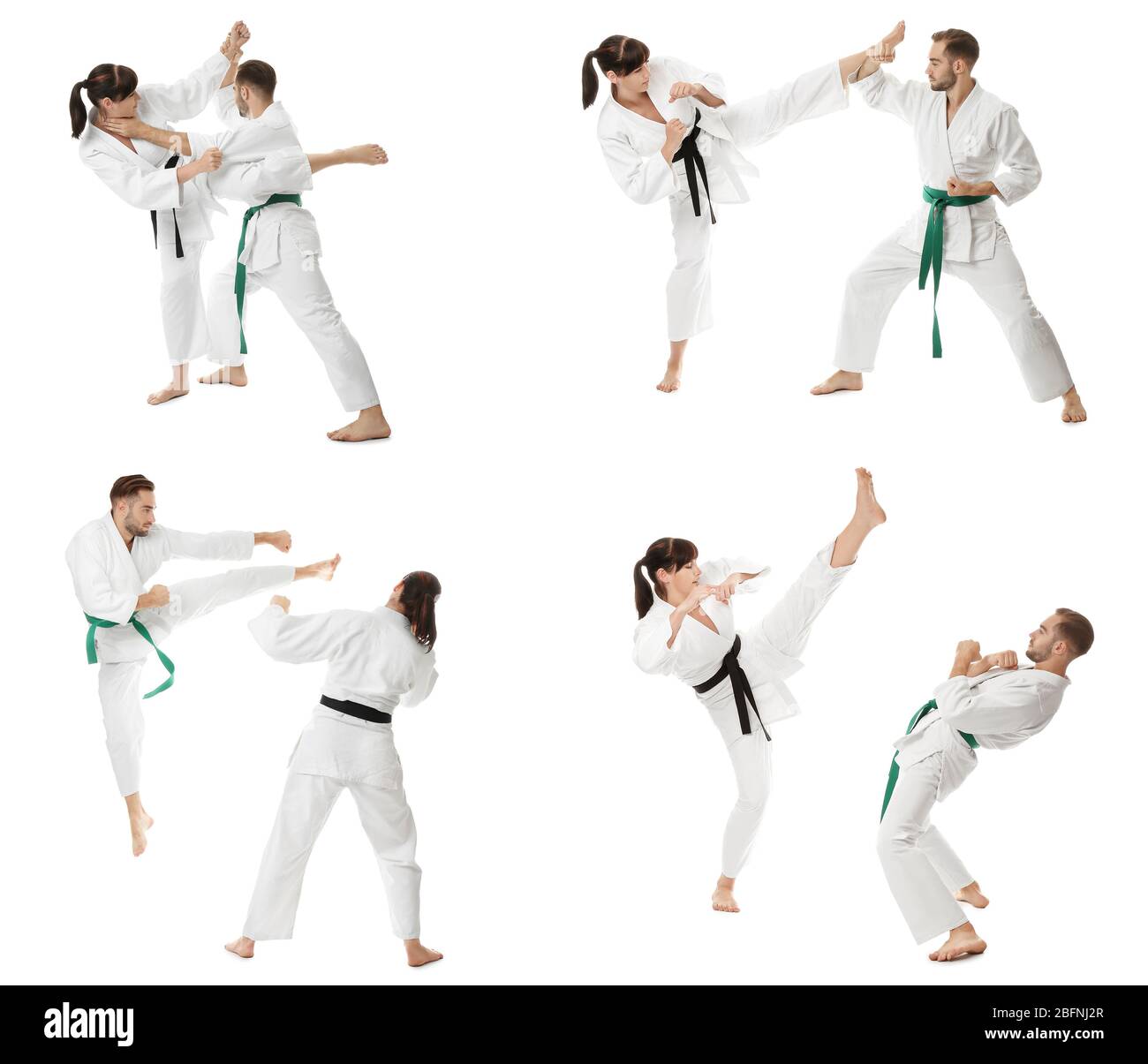 Collage with young people practising karate on white background Stock ...