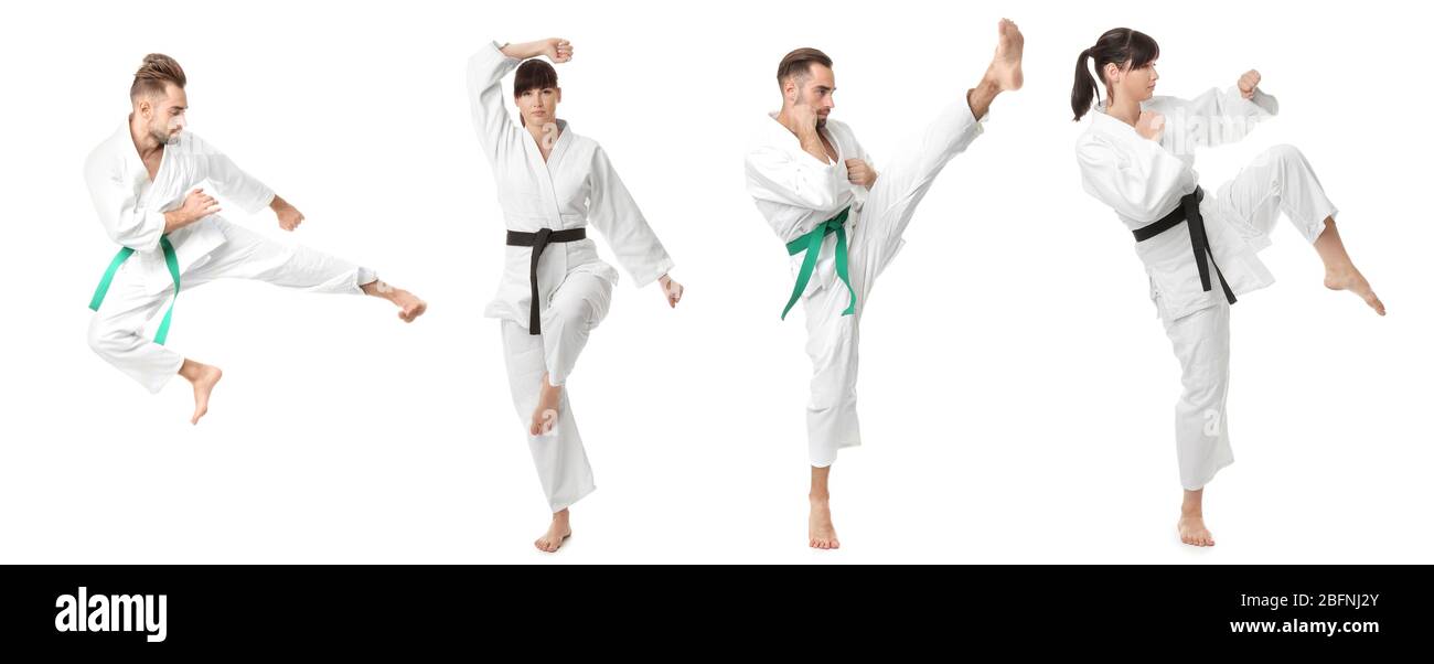 Collage with young people practising karate on white background Stock ...