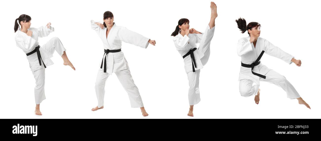 Collage with young woman practising karate on white background Stock ...