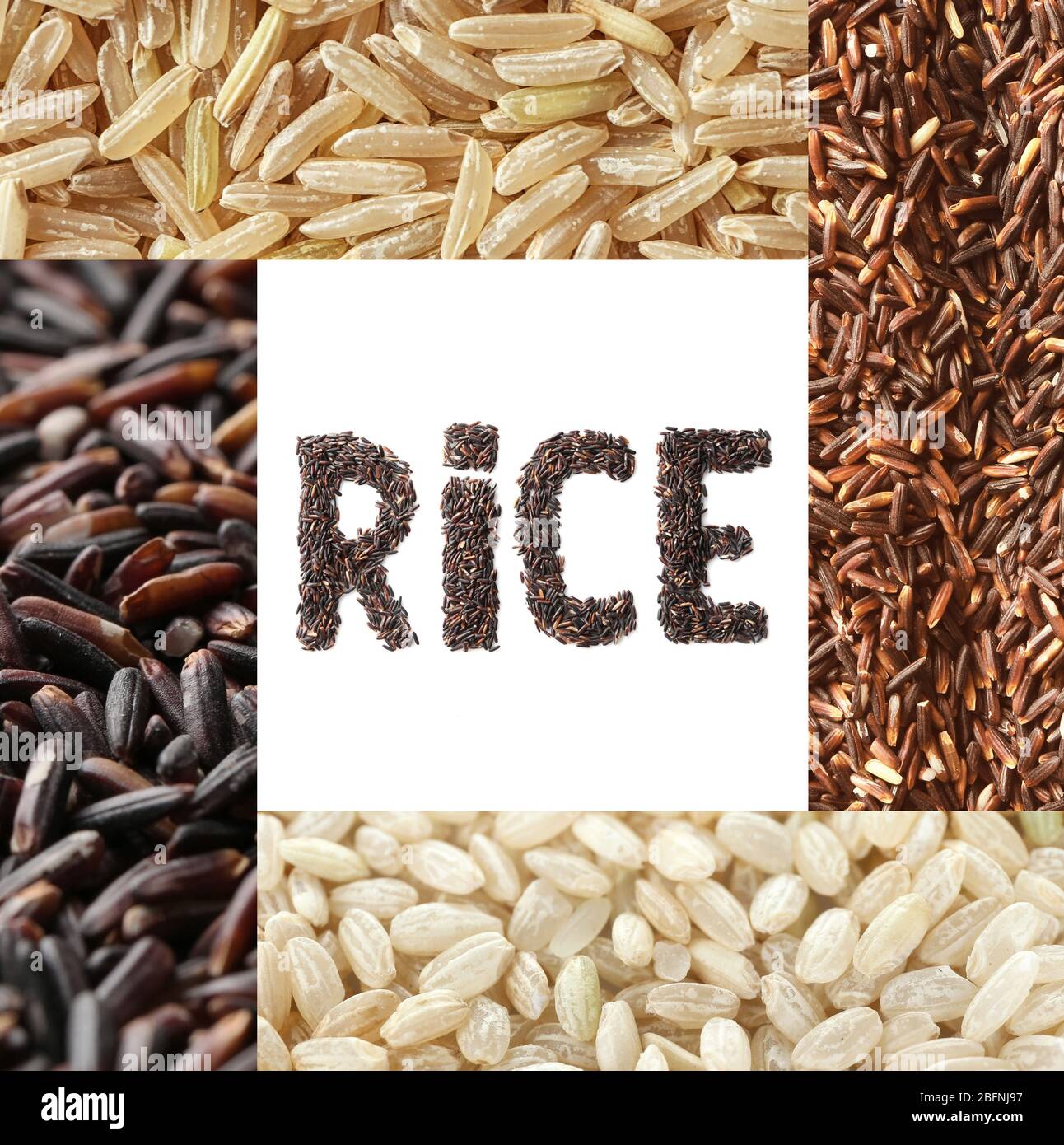 Collage with different kinds of rice Stock Photo - Alamy
