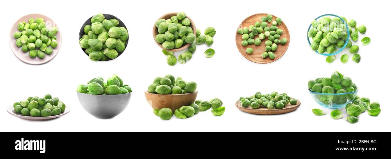 Collage of brussel sprouts in different dishware on white background ...