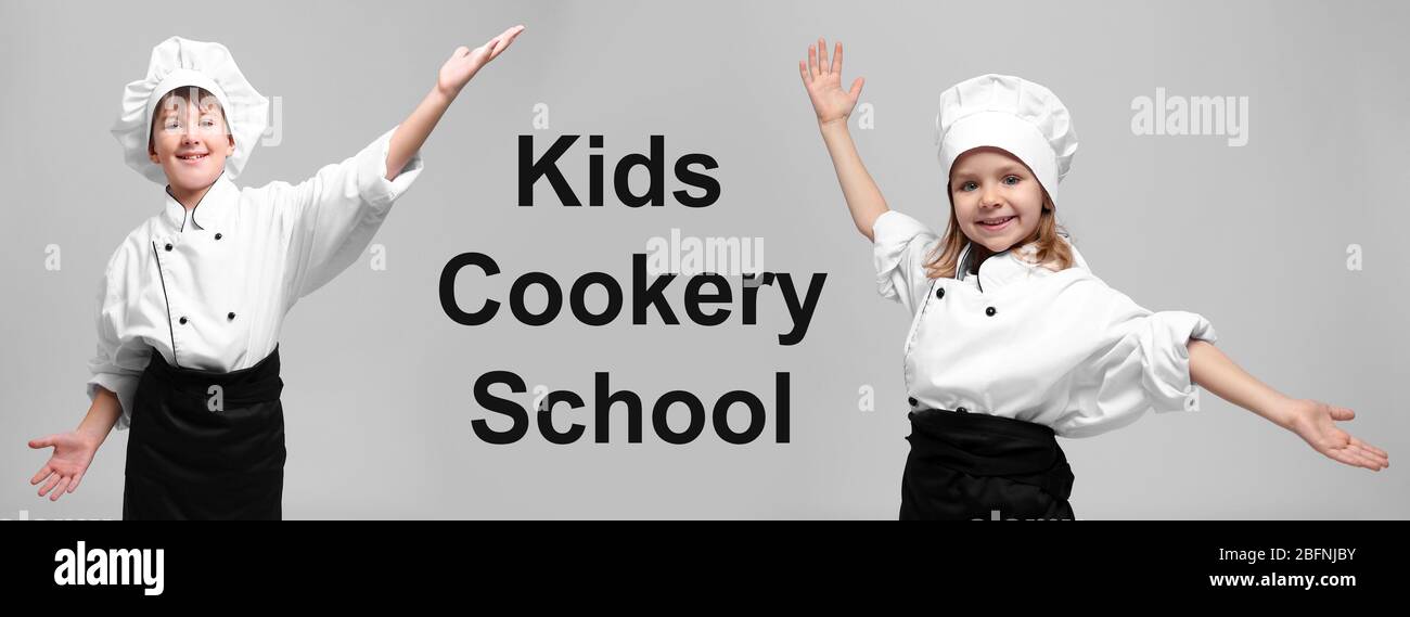Children in chef uniforms and text KIDS COOKERY SCHOOL on grey ...