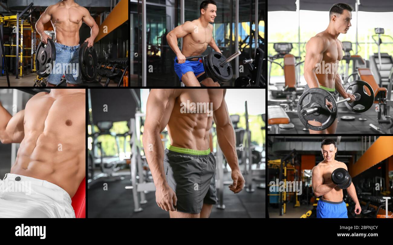 Collage with bodybuilder training n gym Stock Photo - Alamy